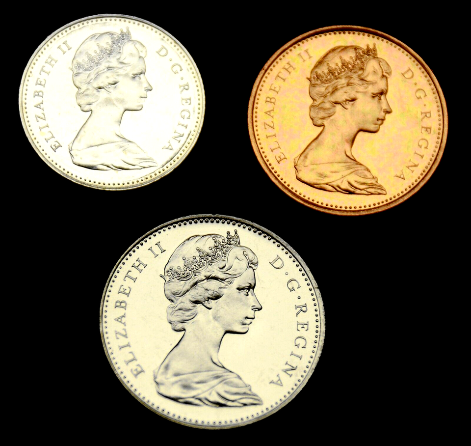 1967 10¢ silver proof like, 5¢, 1¢ MS coins in original mint cellophane ...