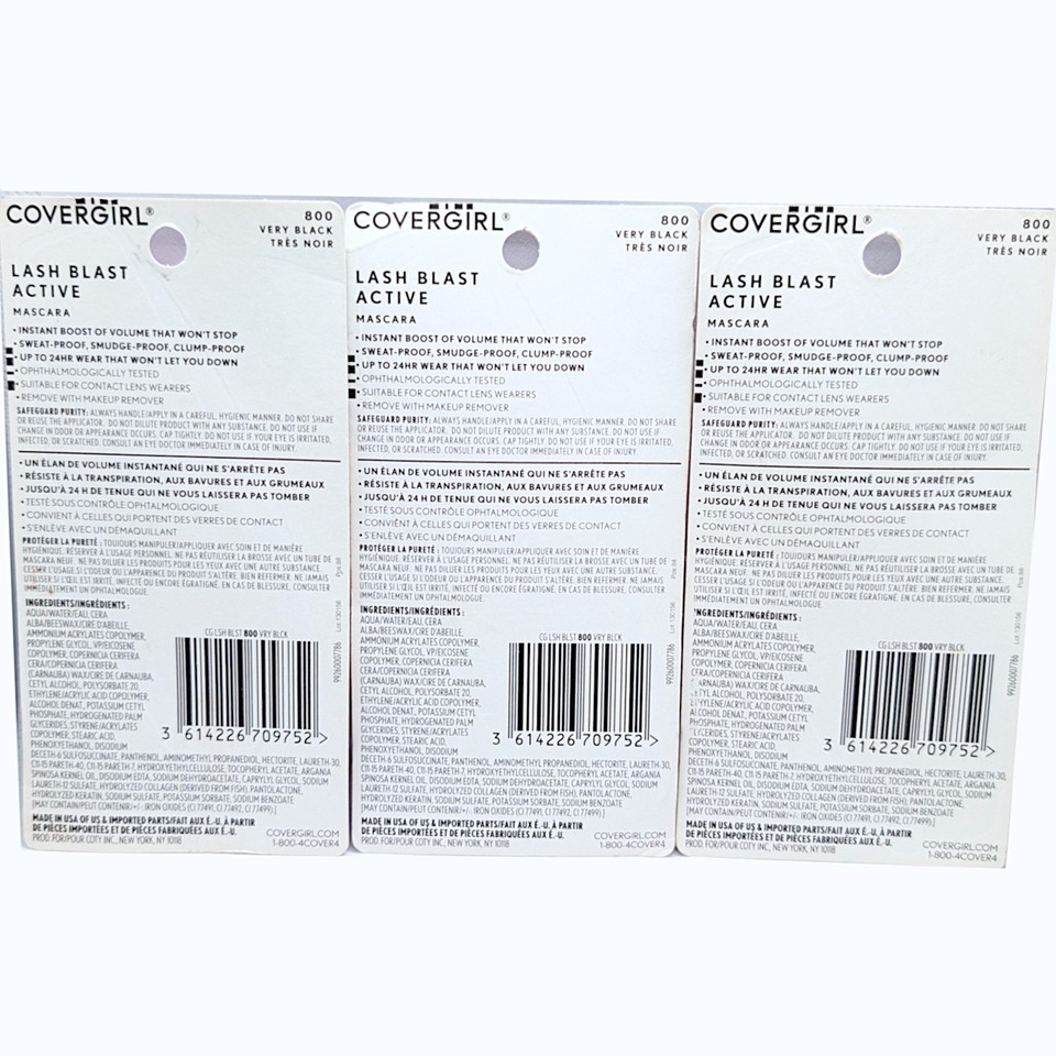 (3) CoverGirl Mascara Lash Blast Active 24Hr Volume Boost 800 Very Black READ | eBay