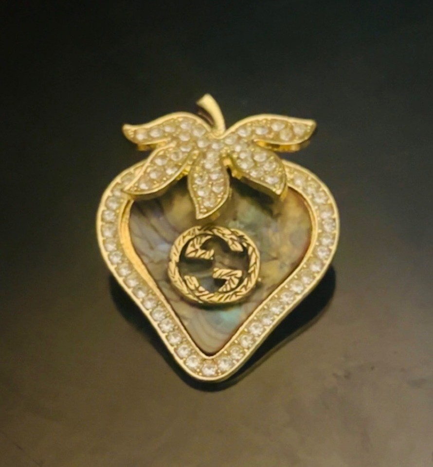 Elegant Repurposed Gucci Ablone Crystal GG strawberry brooch | eBay