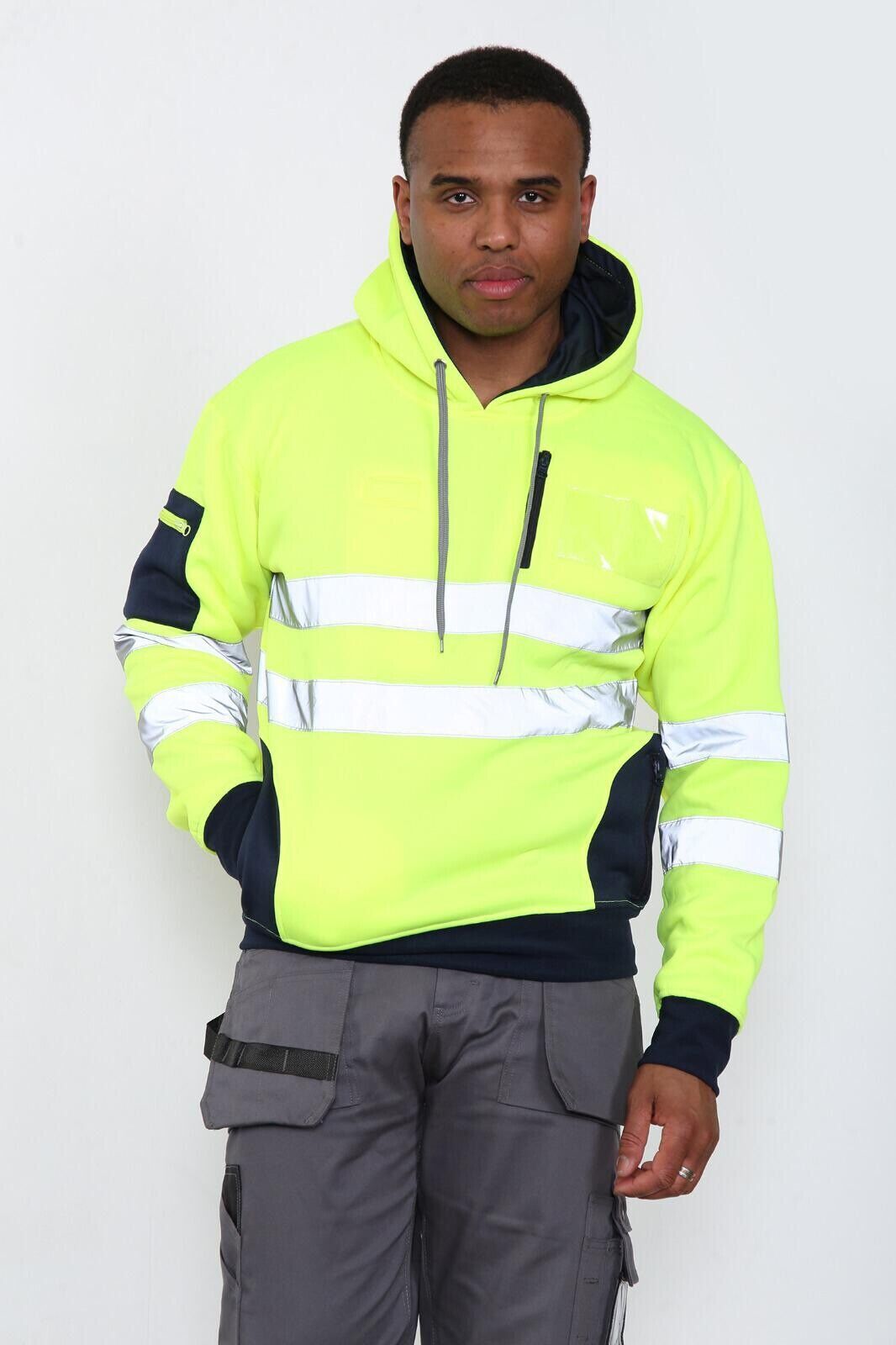 Hi Viz Men Vis High Visibility Jacket Hooded Work pullover Hoodie ...