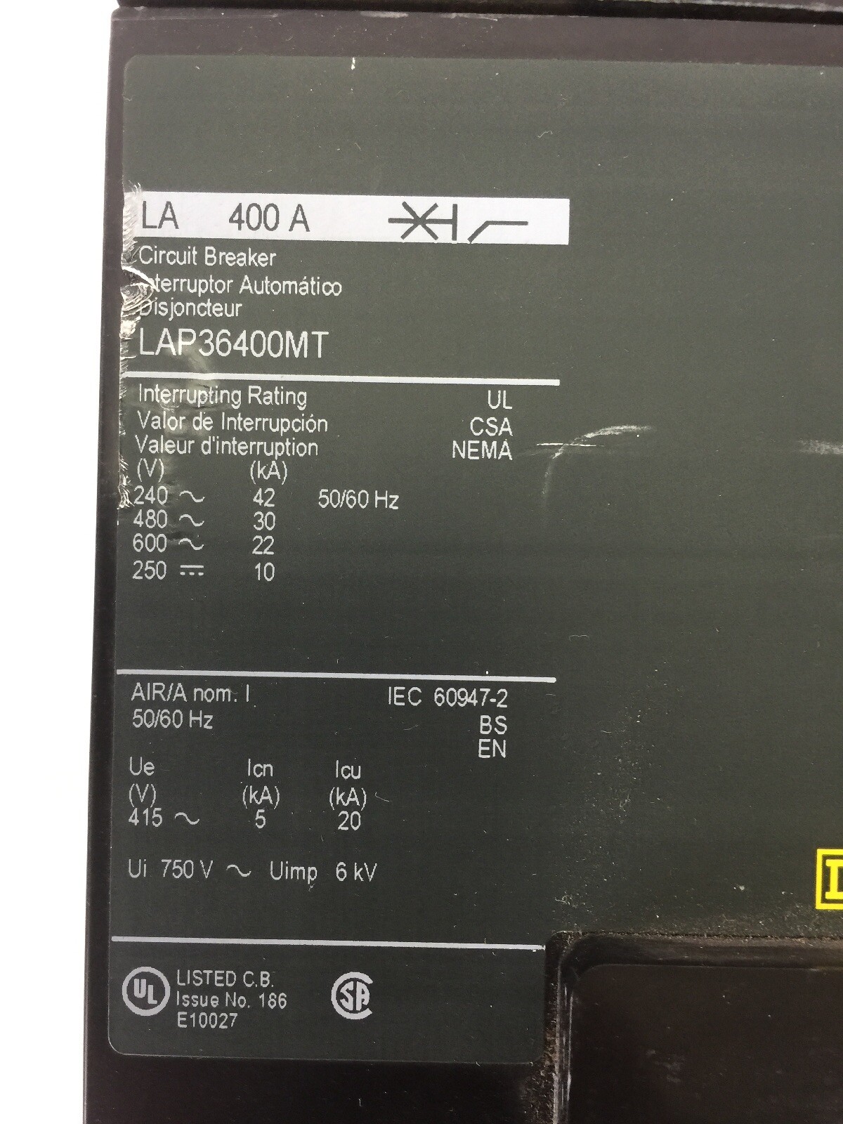 SQUARE D LAP36400MT CIRCUIT BREAKER 400A 250VDC 600VAC LA400A AL400LA ...