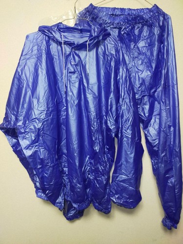 Blue PVC plastic tracksuit saunasuit rainwear hooded jacket pants set ...