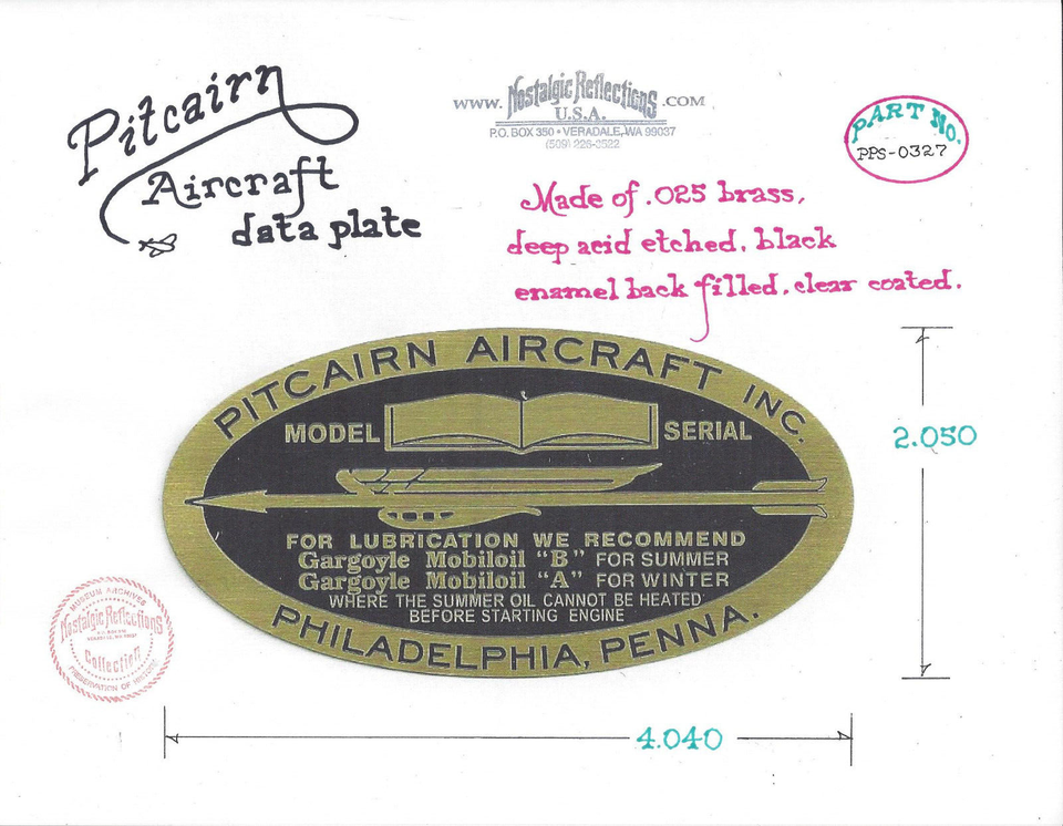 Pitcairn Aircraft data plate 1920 - 1930s Acid Etched Brass | eBay