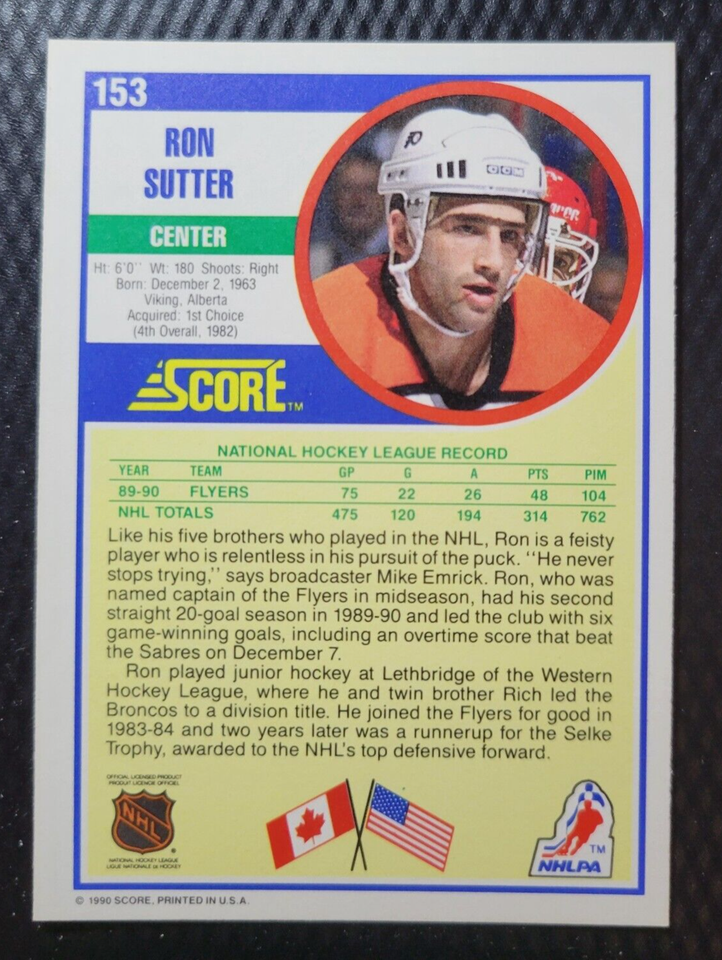 1990-91 Score American RON SUTTER Philadelphia Flyers Hockey NHL Card ...