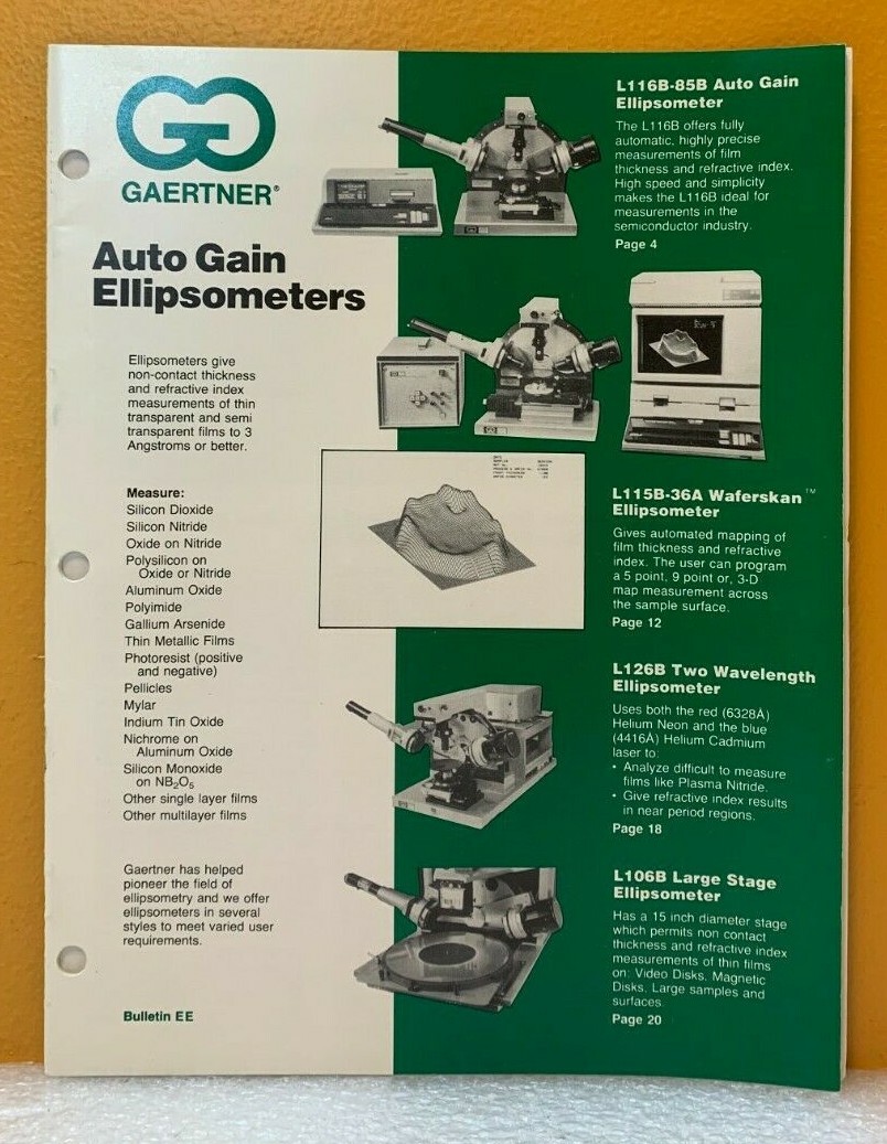 Gaertner Auto Gain Ellipsometers Bulletin EE (Catalog). | eBay