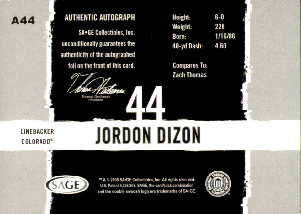 2008 SAGE HIT Autographs #A44 Jordon Dizon Auto | eBay