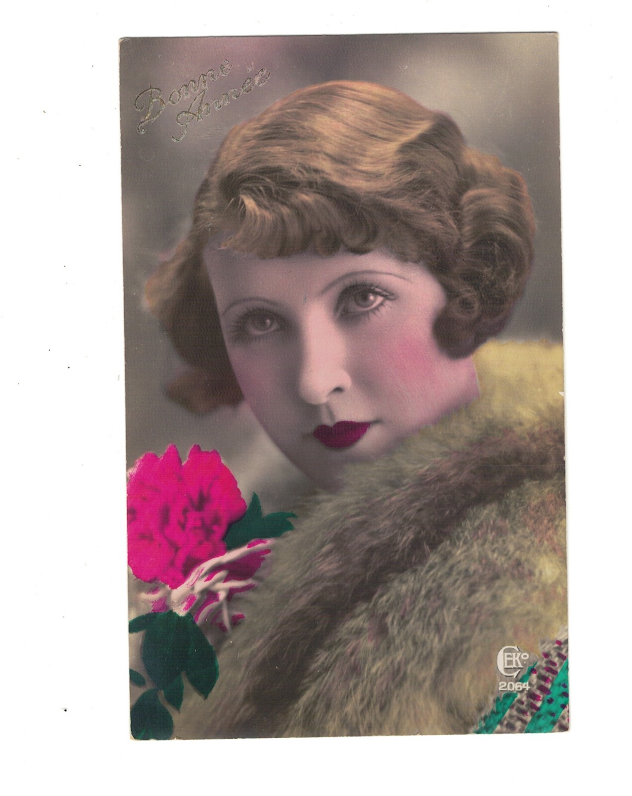 SB1835 BIG IMAGE FLAPPER IN FUR HEAVENLY LOOK RED LIPS RPPC HAND. COL ...