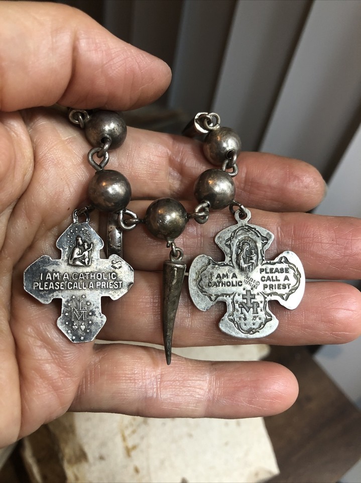 46. 925 Sterling I AM A CATHOLIC Many Cross Medal Charm Ball Bracelet ...