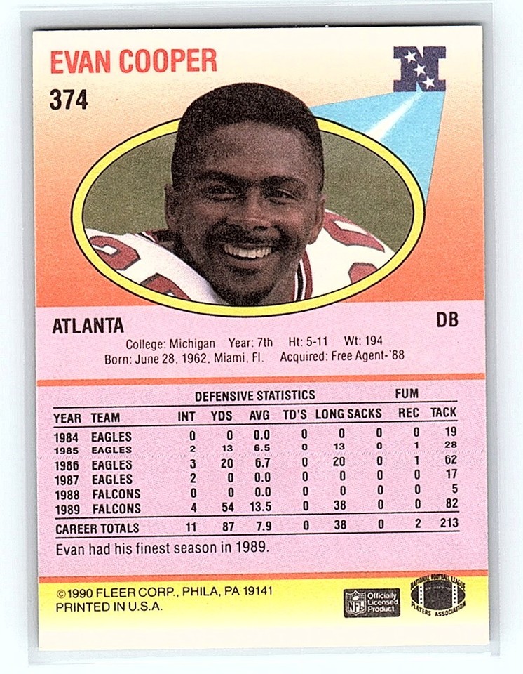 1990 Fleer Evan Cooper Atlanta Falcons #374 | eBay