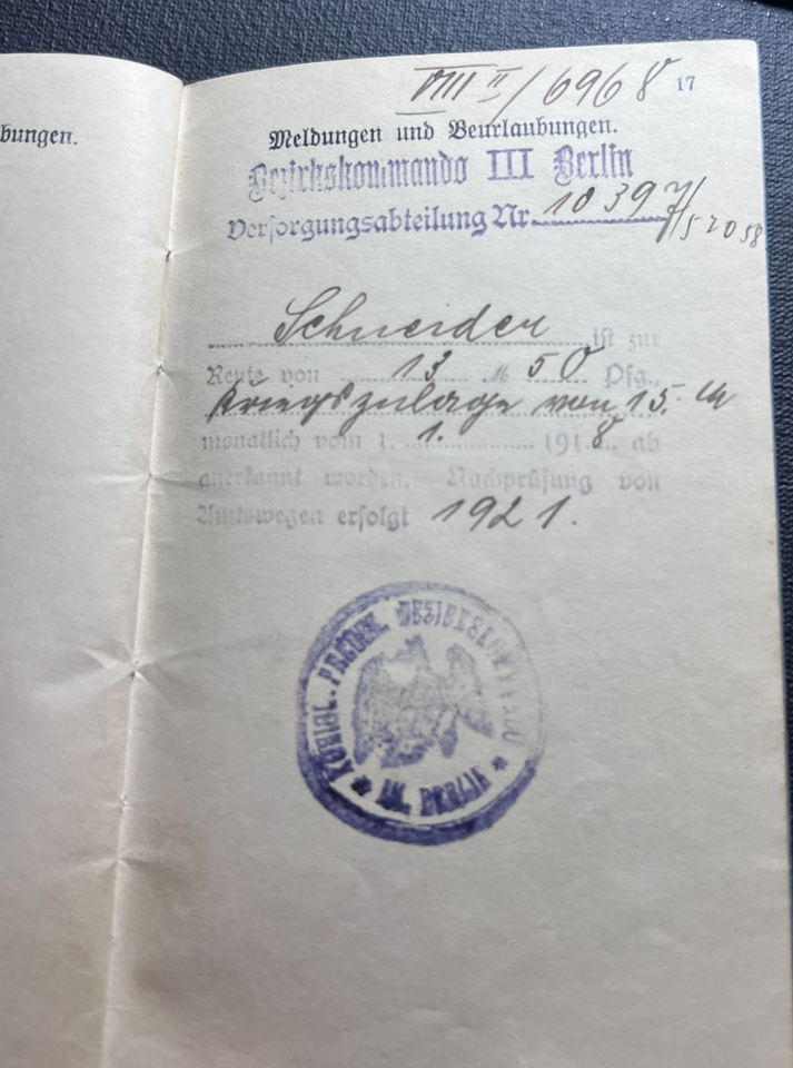 WWI Imperial German Army Military Pass PAUL SCHNEIDER IR331 | eBay