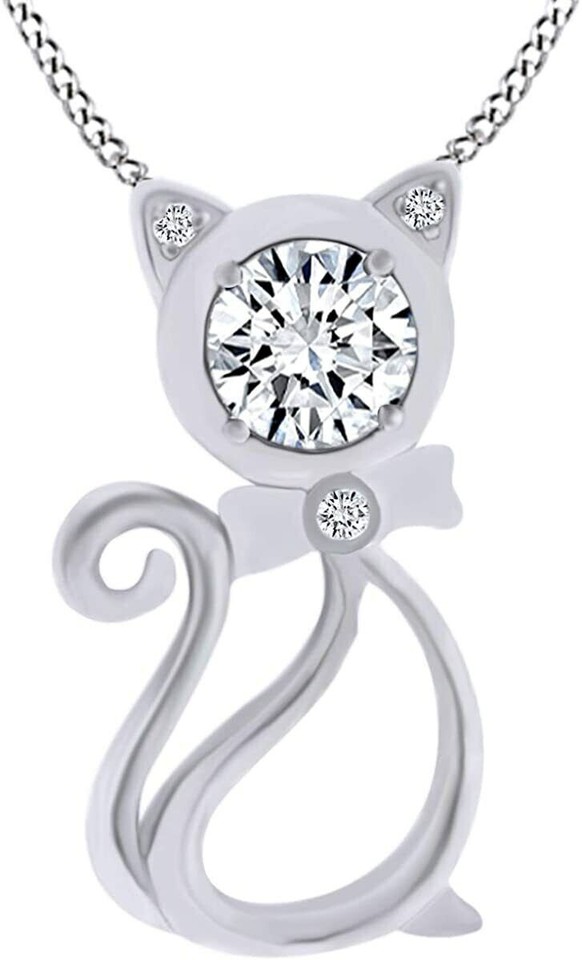 2.00 Ct Round Cut Simulated Diamond Cat Charm Pendant 14k White Gold ...