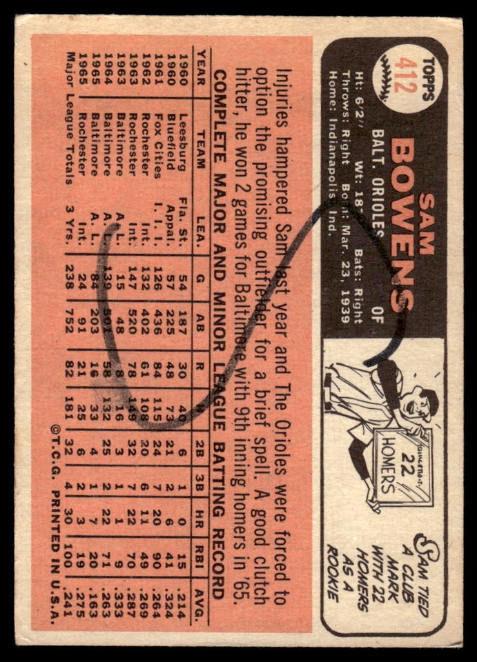 1966 Topps Sam Bowens #412 Baltimore Orioles Baseball Card | eBay