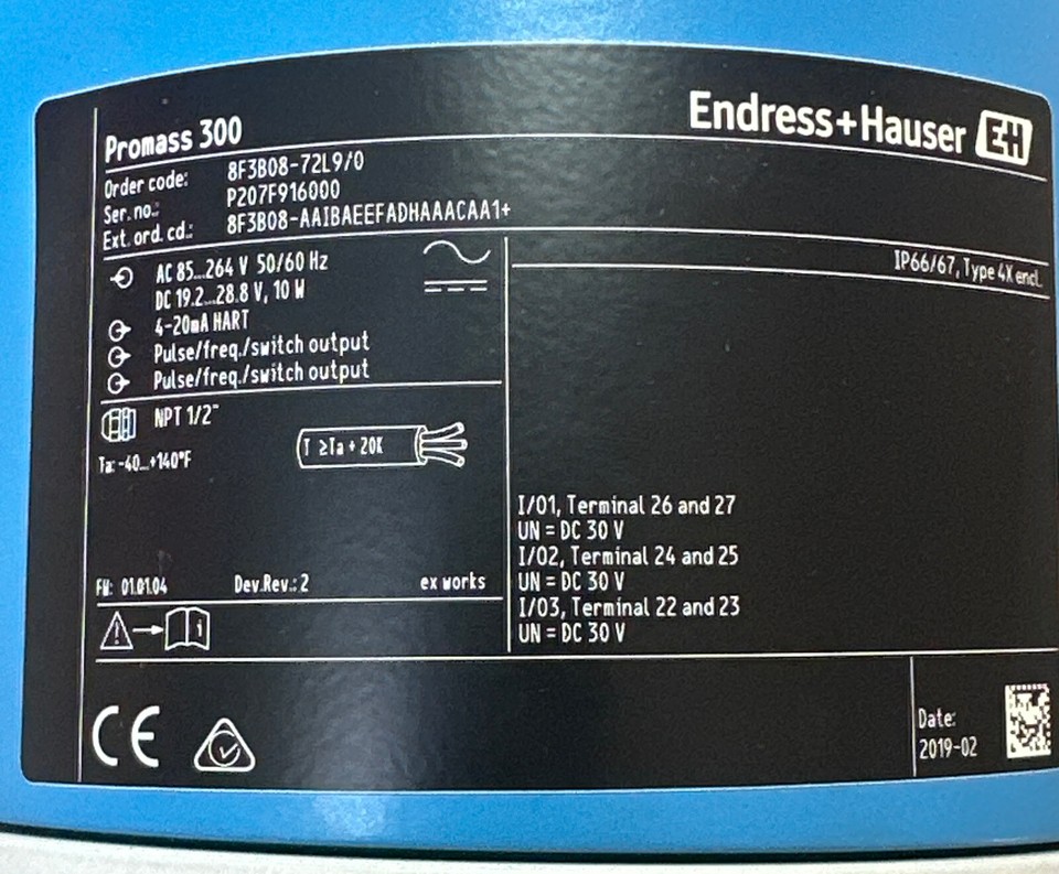 NEW- Endress Hauser Promass F 300 Coriolis Flow Meter 8F3B08-72L9/0 ...