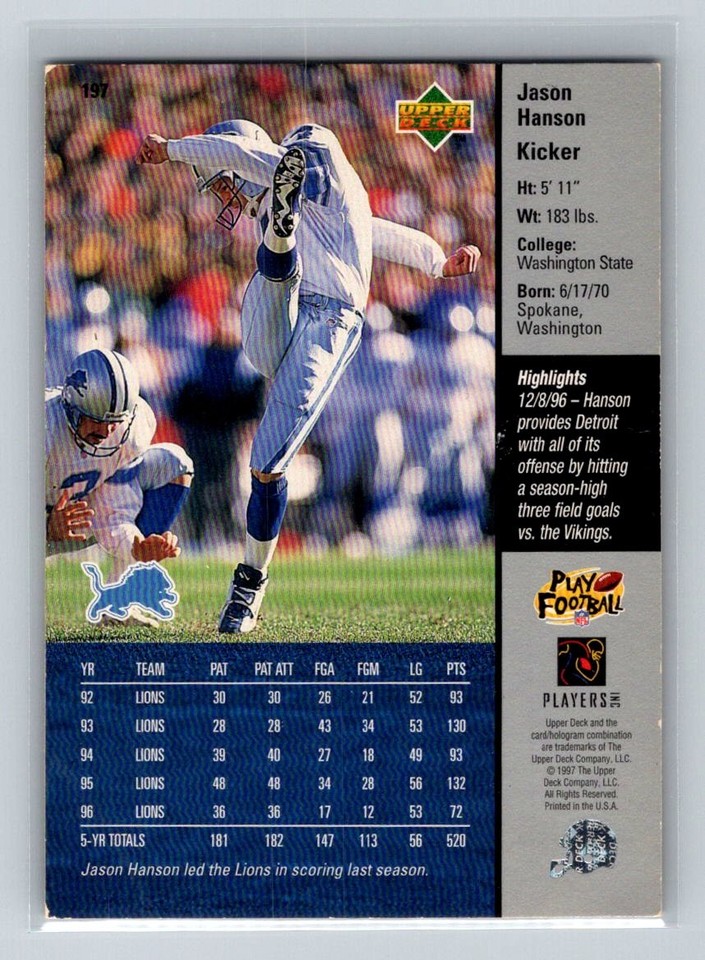 1997 Upper Deck #197 Jason Hanson Detroit Lions Football Card | eBay
