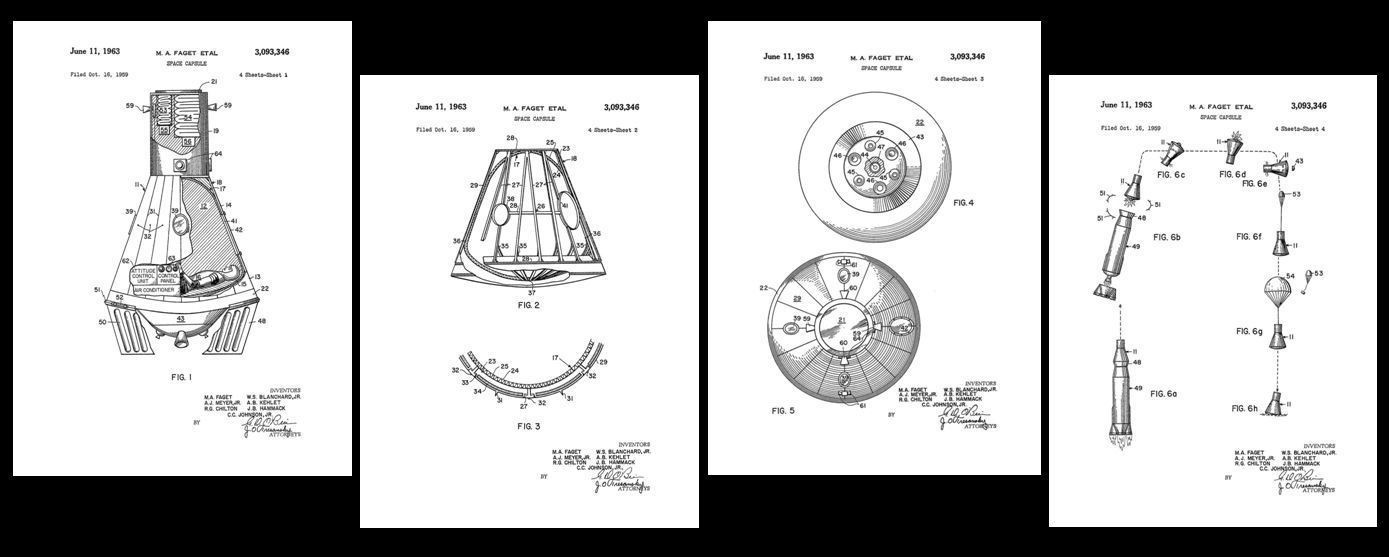 1959 Mercury Mission Space Capsule PATENT,Drawing Specs + John Glenn ...