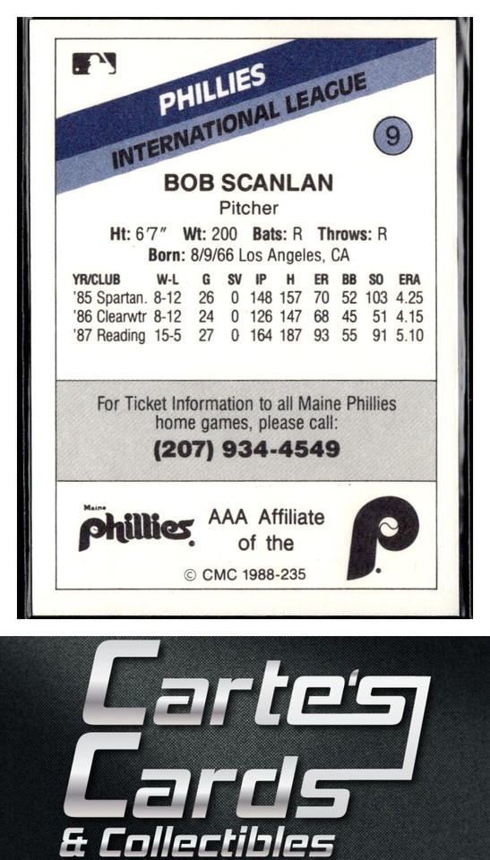 Bob Scanlan 1988 CMC Maine Phillies #9 Philadelphia Phillies | eBay