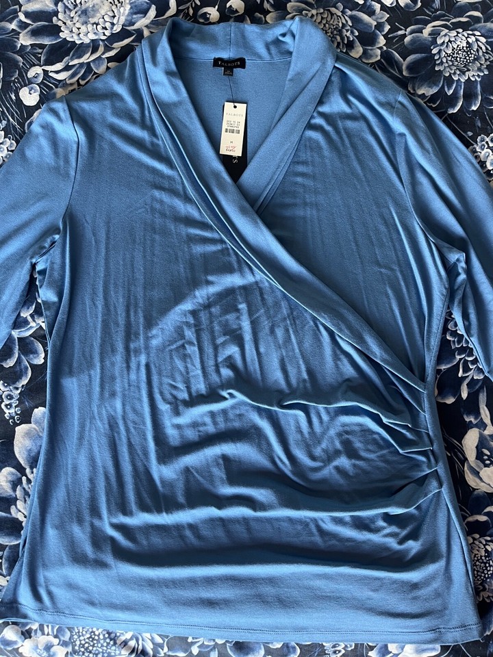 NWT Talbots Blue Wrap Front 3/4 Sleeve Ruched Top Size Medium | eBay