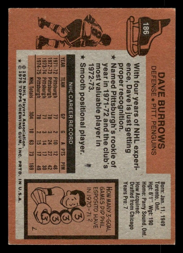 1975 TOPPS DAVE BURROWS 186 VG HOCKEY PITTSBURGH PENGUINS | eBay