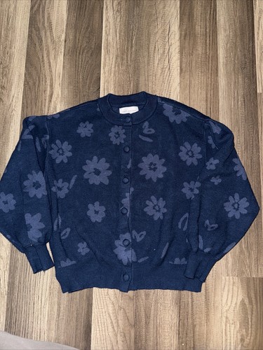 Free Assembly Cardigan Sweater With Flowers Blue Medium 16x17.5 ...