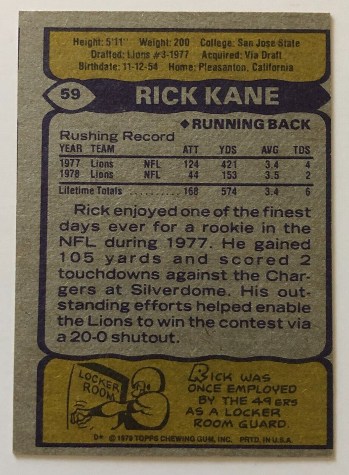 1979 Topps #59 Rick Kane, Detroit Lions EXMT | eBay