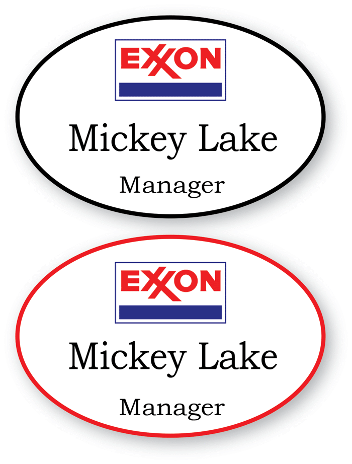2 WHITE OVAL EXXON PERSONALIZED NAME BADGES SAFETY MAGNETIC FASTENER | eBay
