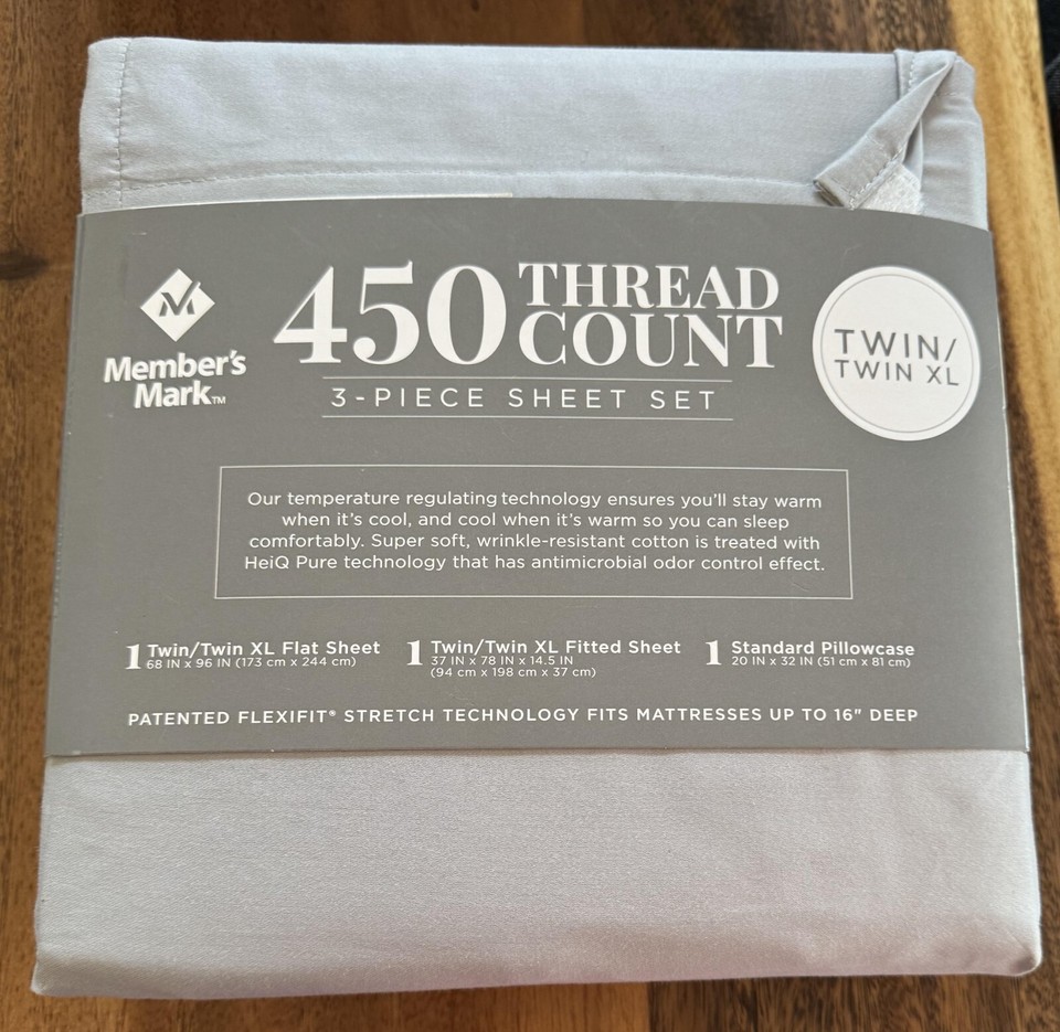 Member's Mark 450 Thread Count Twin/Twin XL Sheet 3pc Set Soft Silver ...