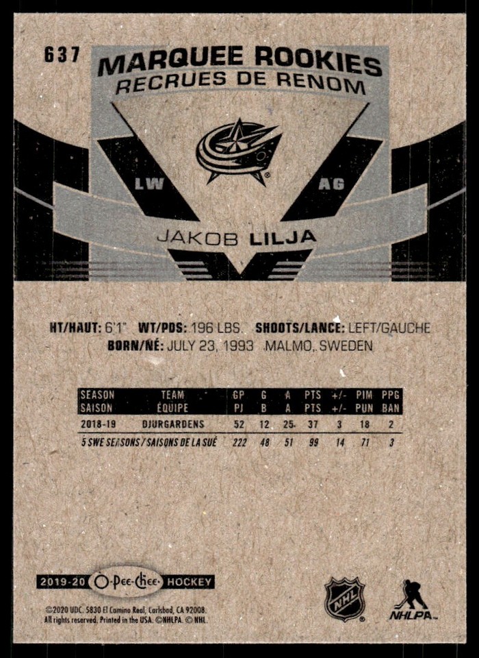 2019-20 OPC Marquee Rookies Jakob Lilja Rookie Columbus Blue Jackets ...