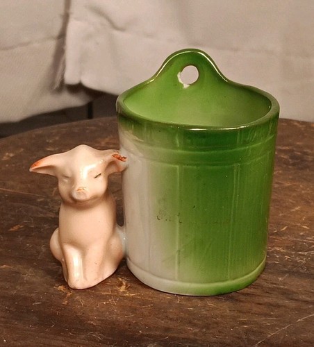 ANTIQUE GERMAN PIG FAIRING PIG AGAINST BUCKET Toothpick Holder Wall ...