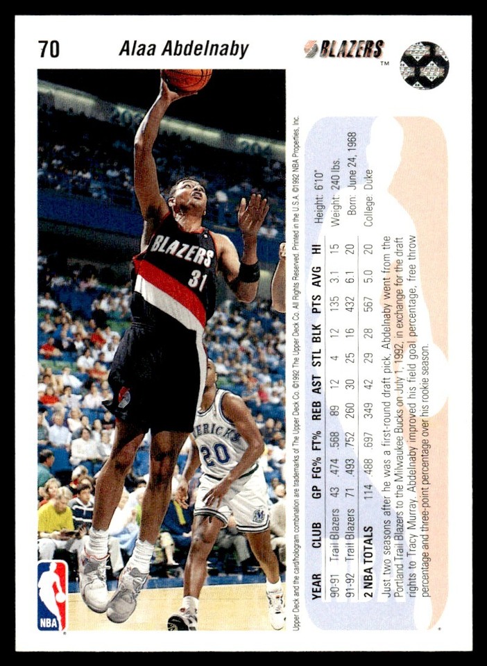 1992-93 Upper Deck Basketball Card Alaa Abdelnaby Milwaukee Bucks #70 ...
