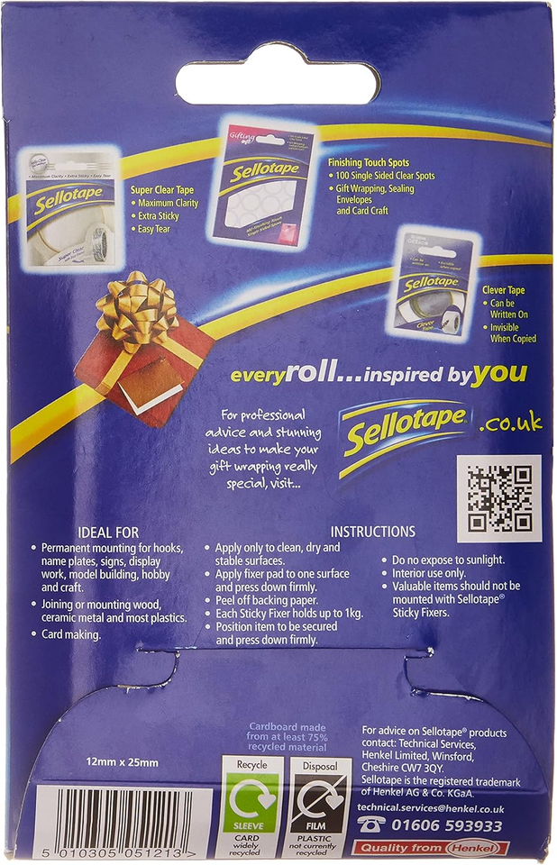 Sellotape Sticky Fixers Permanent 12Mmx25Mm (Pack of 140) 1445422 | eBay UK