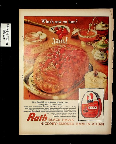 1953 Rath Black Hawk Hickory Smoked Ham Can Vintage Print Ad 9750 | eBay