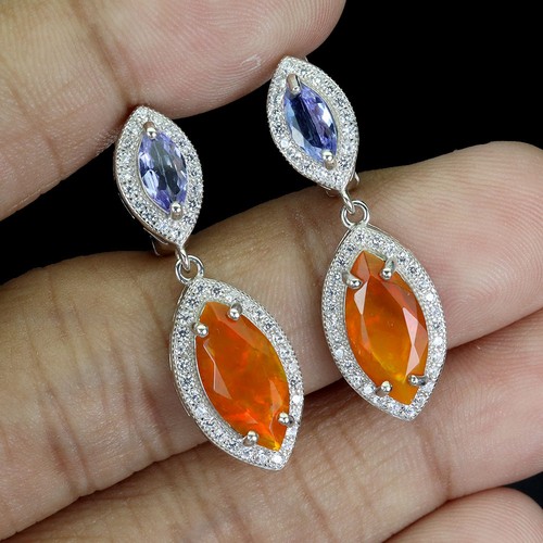 925 Sterling Silver Earrings Orange Opal 14x7mm Tanzanite Gemstone ...