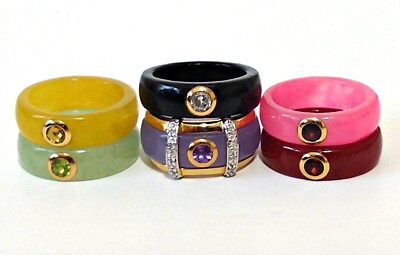 Six Interchangeable Multicolor Jade Set Bands with 14kt Gold Ring ...