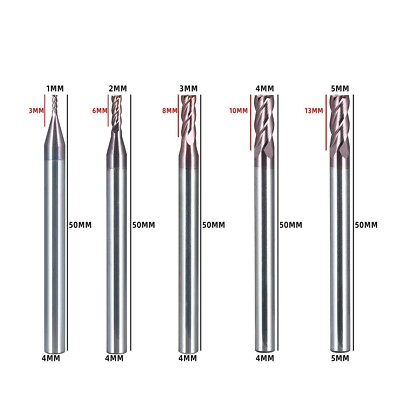 5Pcs HRC55 1mm 2mm 3mm 4mm 5mm CNC Carbide End Mill Bits 4 Fultes ...