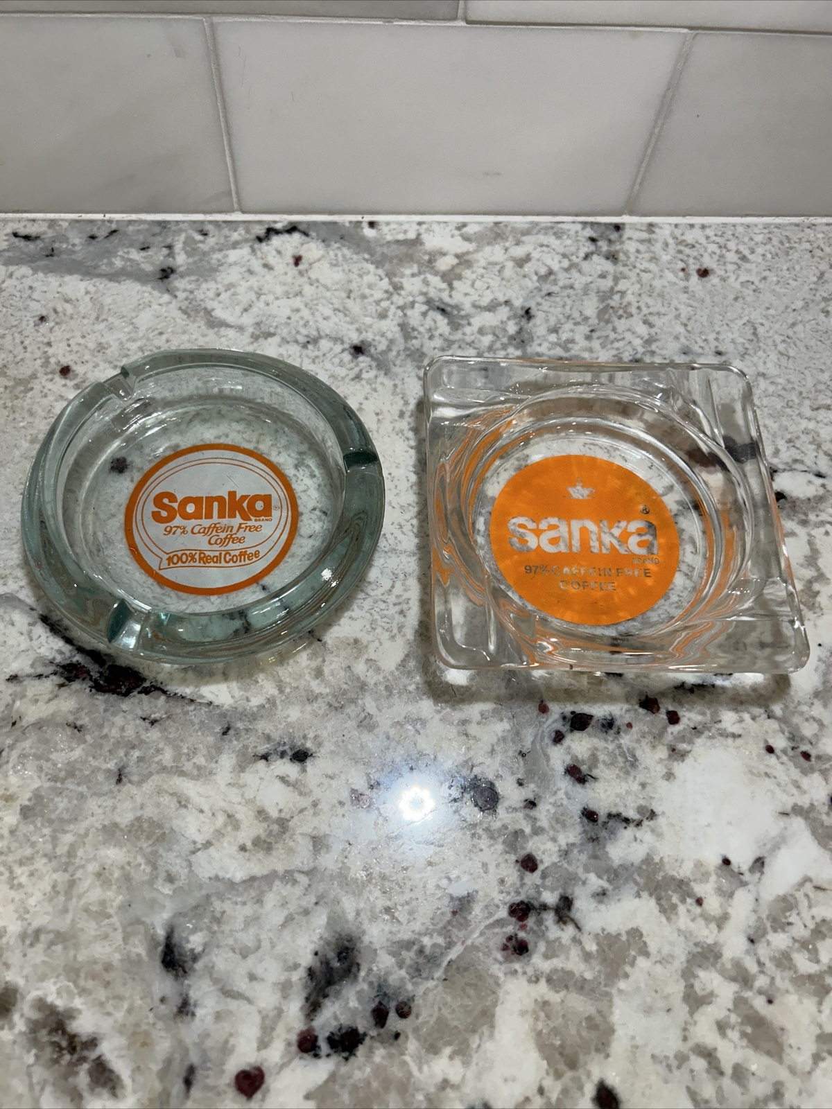 Pair Of 2 Vintage SANKA COFFEE Square Glass Advertising Ashtray And ...