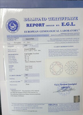 EGL Certificate 2.02ct I Color SI1 Clarity Round Excellent Cut Loose ...