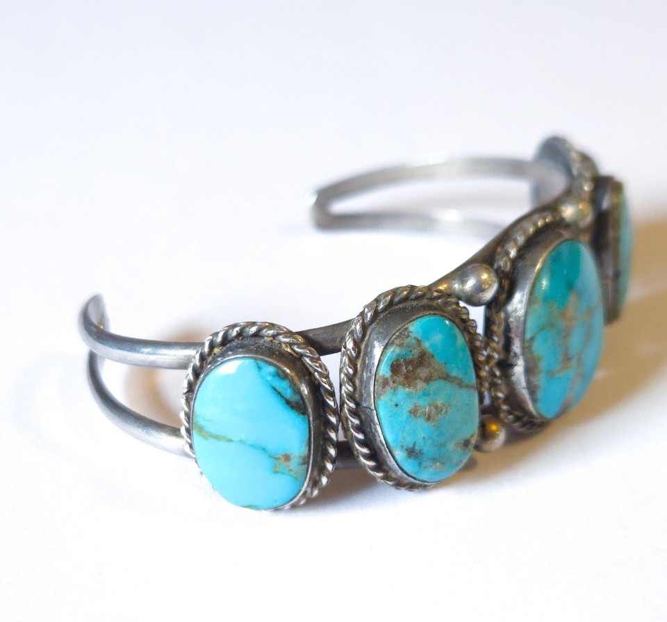 OLD Vintage Native American Navajo Turquoise TWISTED ROPE Sterling Cuff ...