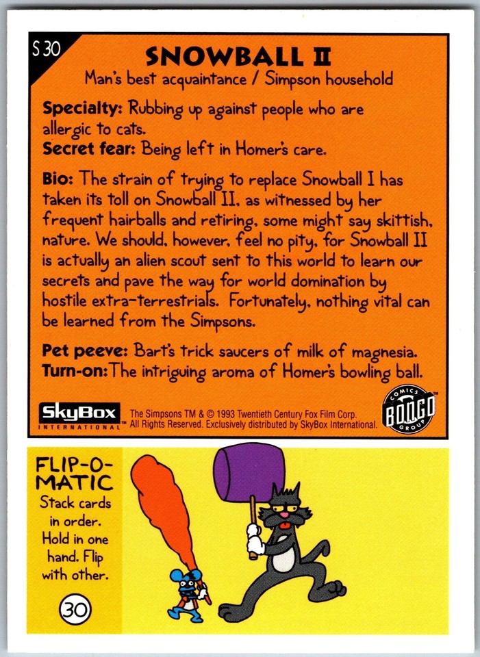 1993 SKYBOX THE SIMPSONS - SNOWBALL II - LEAVING HAIRBALLS FAVORITE ...