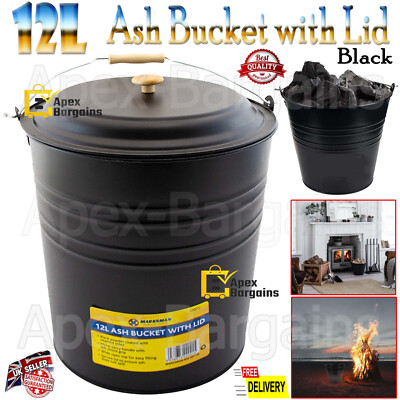 12L Metal Ash Bucket Fireside Storage Coal Bin Fire Log Container With ...