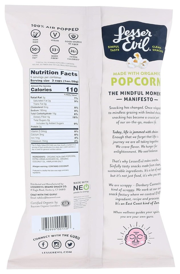 Lesser Evil Popcorn Avocado-Licious 4.6 Oz | eBay