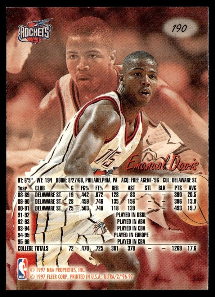 1996-97 Ultra Emanual Davis Rookie Houston Rockets #190 | eBay