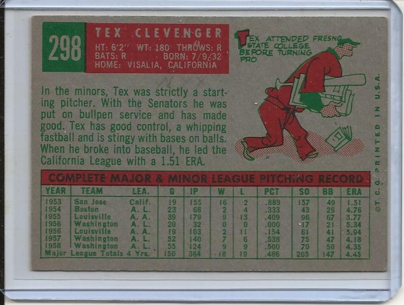 1959 Topps Baseball Card Tex Clevenger Pitcher Washington Senators NR ...