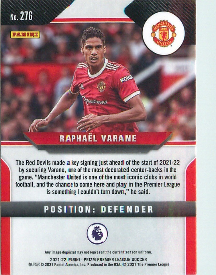 Raphael Varane 2021-22 Prizm Premier League Soccer Card #276 Manchester ...
