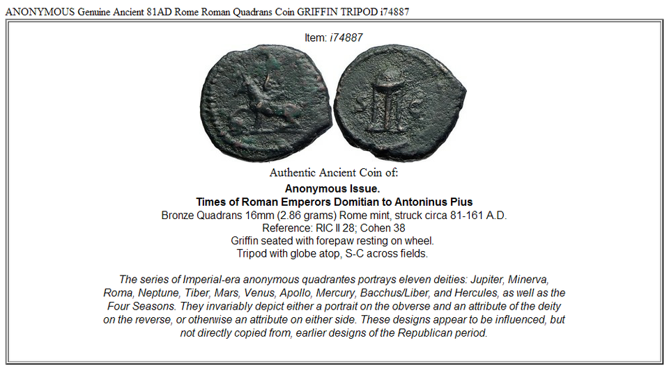 ANONYMOUS Genuine Ancient 81AD Rome Roman Quadrans Coin GRIFFIN TRIPOD ...