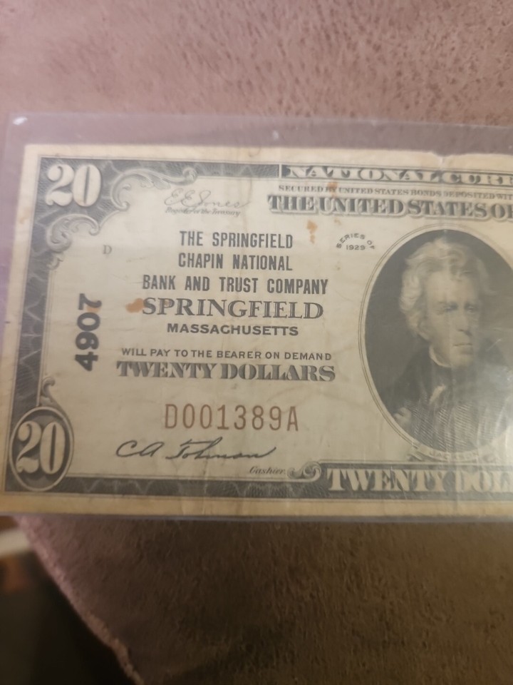 1929 $20 Springfield National Bank SPRINGFIELD Mass National Currency ...