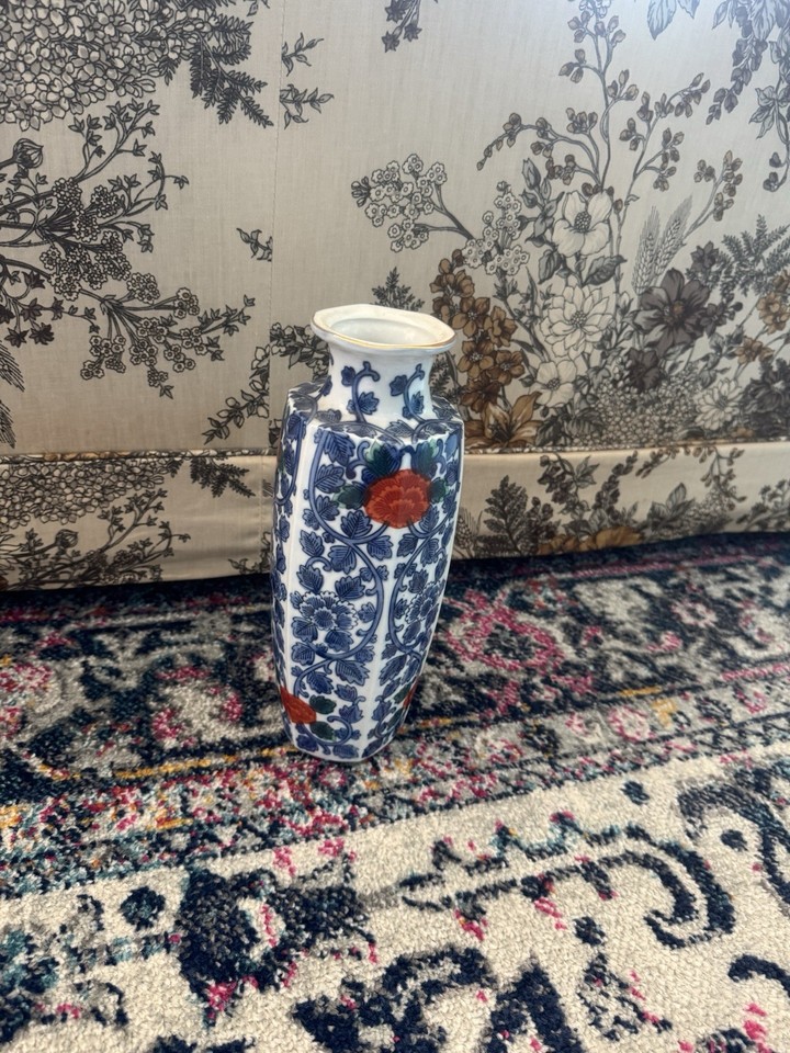 Japanese Blue and White Porcelain Vase with Red Floral Accents, Floral ...