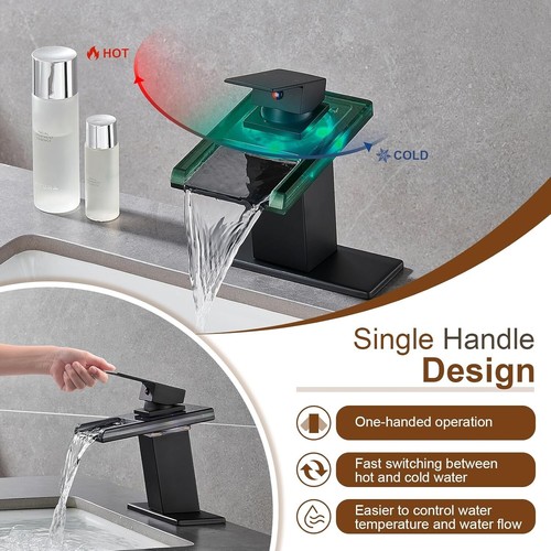 LED Black Waterfall Bathroom Sink Faucet Single Handle Basin Mixer Tap ...