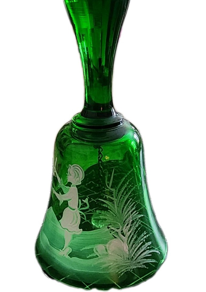 Vintage Green Etched Glass Bell Mary Gregory Style Figural Design Art ...