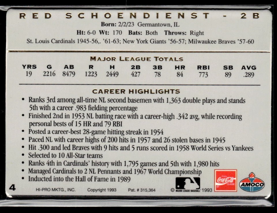 1993 Amoco/Coca-Cola Action Packed #4 Red Schoendienst Baseball Card ...