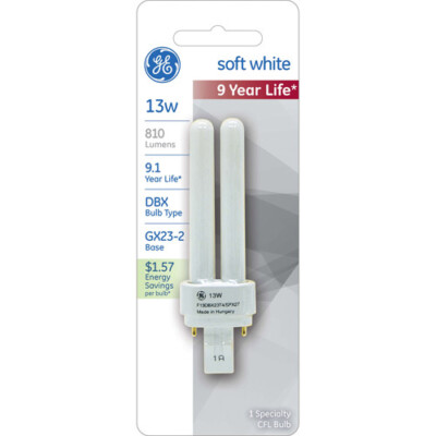 NEW GE 13 WATT 13578 SOFT WHITE LIGHT BULB PLG41B13PG 10000 hour bulb ...